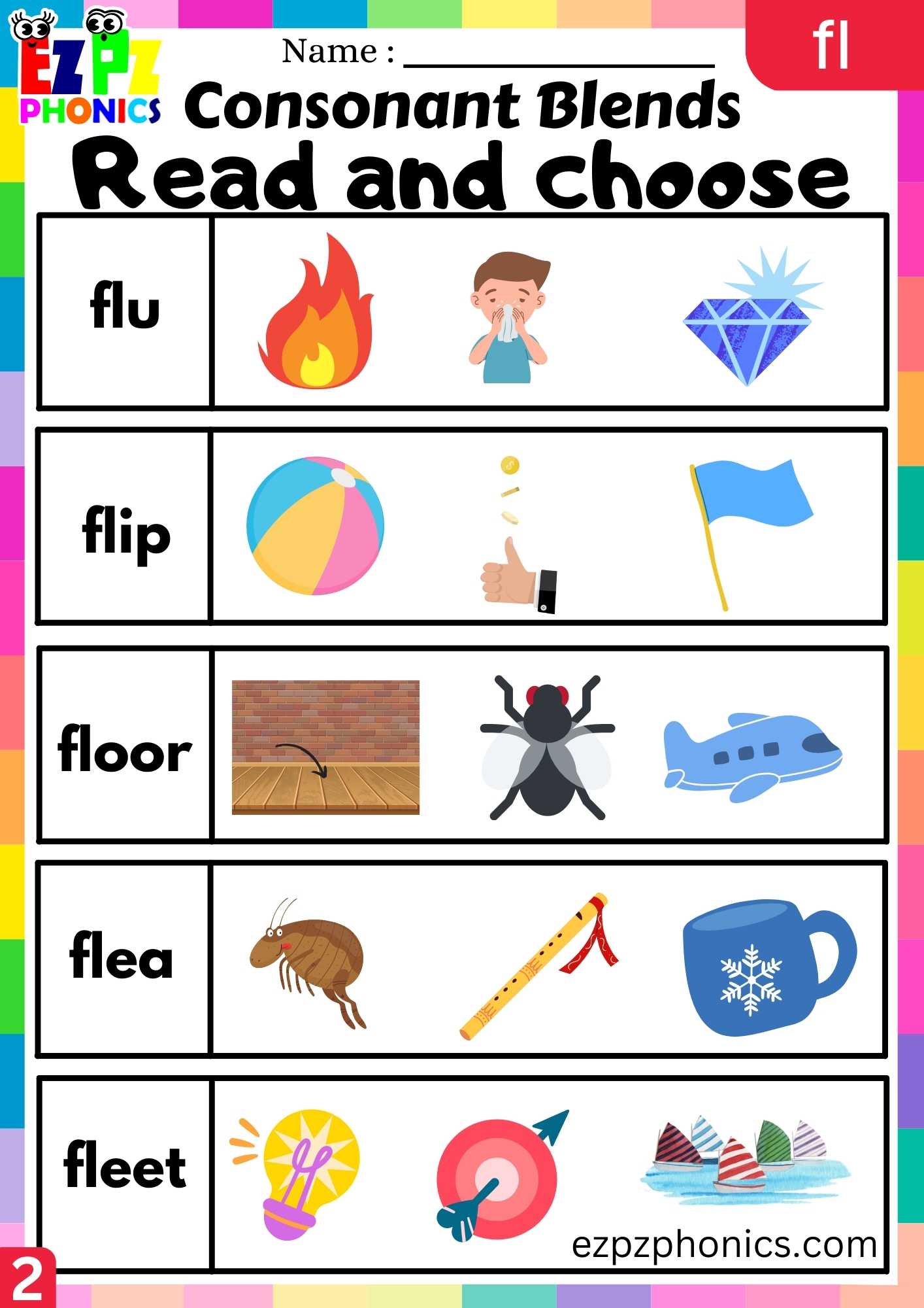 Group2 Fl Words Read And Choose Phonics Consonant Blends Worksheet
